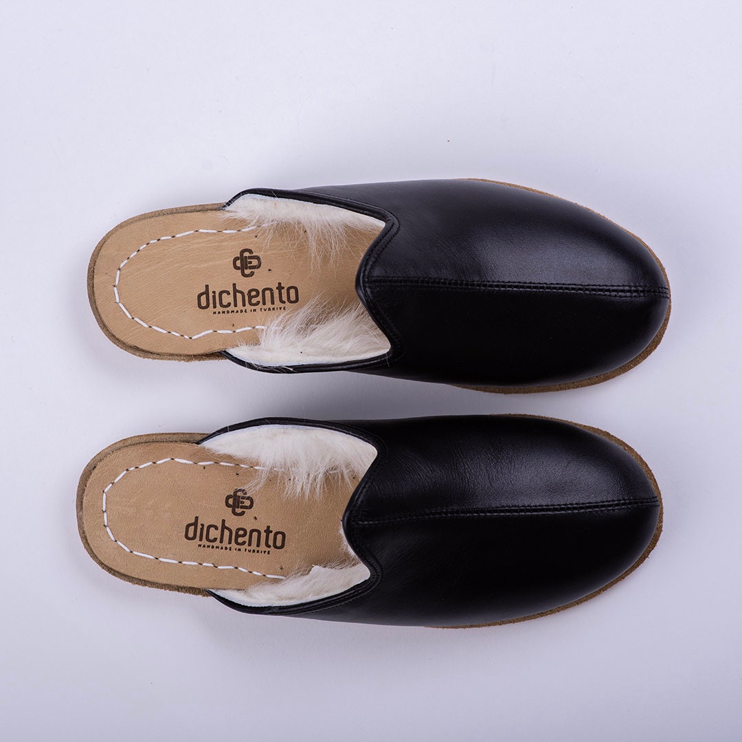 Women Mule Slippers BLACK SHEARLING Turkish Genuine Leather Handmade ...
