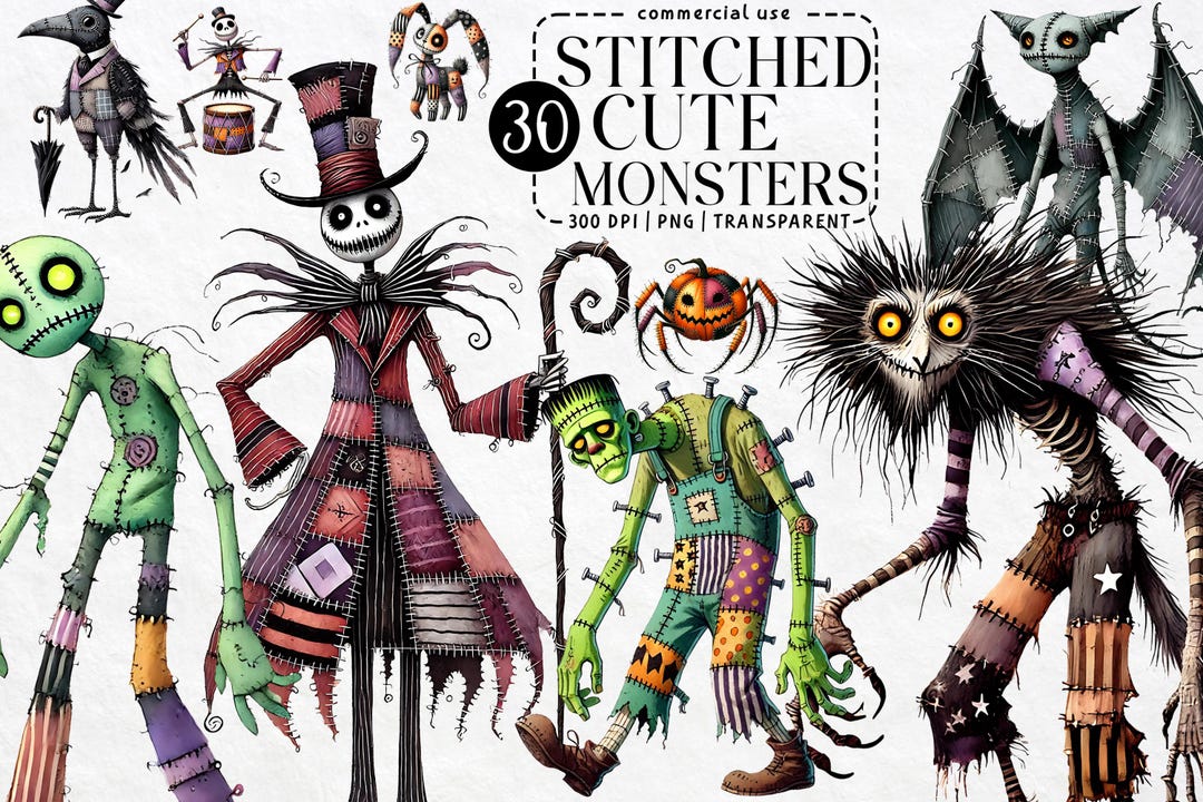 Stitched Monster Clipart Bundle 30 PNG Patchwork Horror Graphics Gothic ...