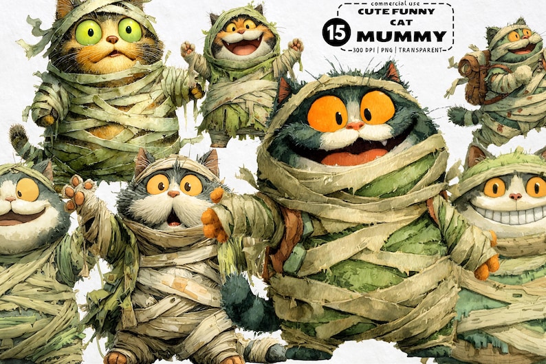 Cute Mummy Cat Clipart Bundle PNG | 15 Funny Wrapped Cat Illustrations ...
