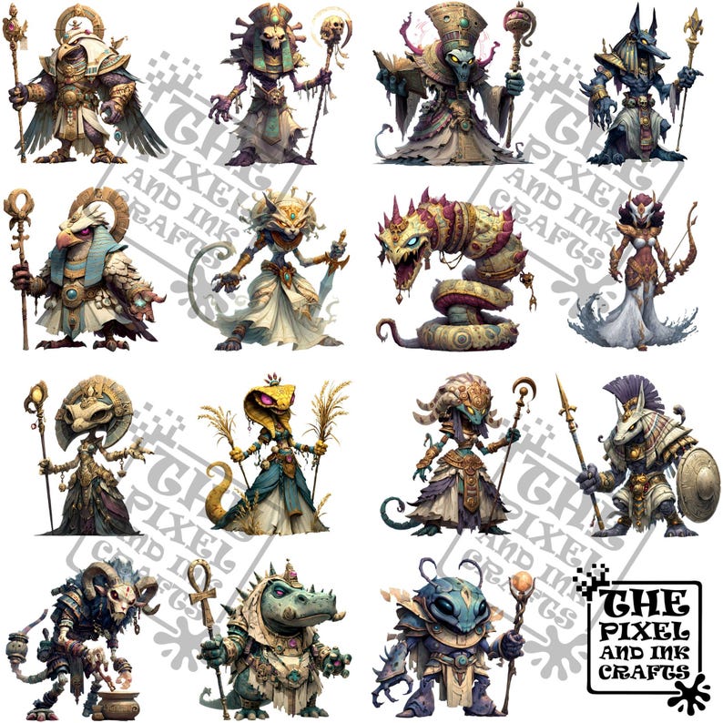 Quirky Fantasy Egyptian Cartoon Gods PNG Bundle Featuring Anubis Ra ...