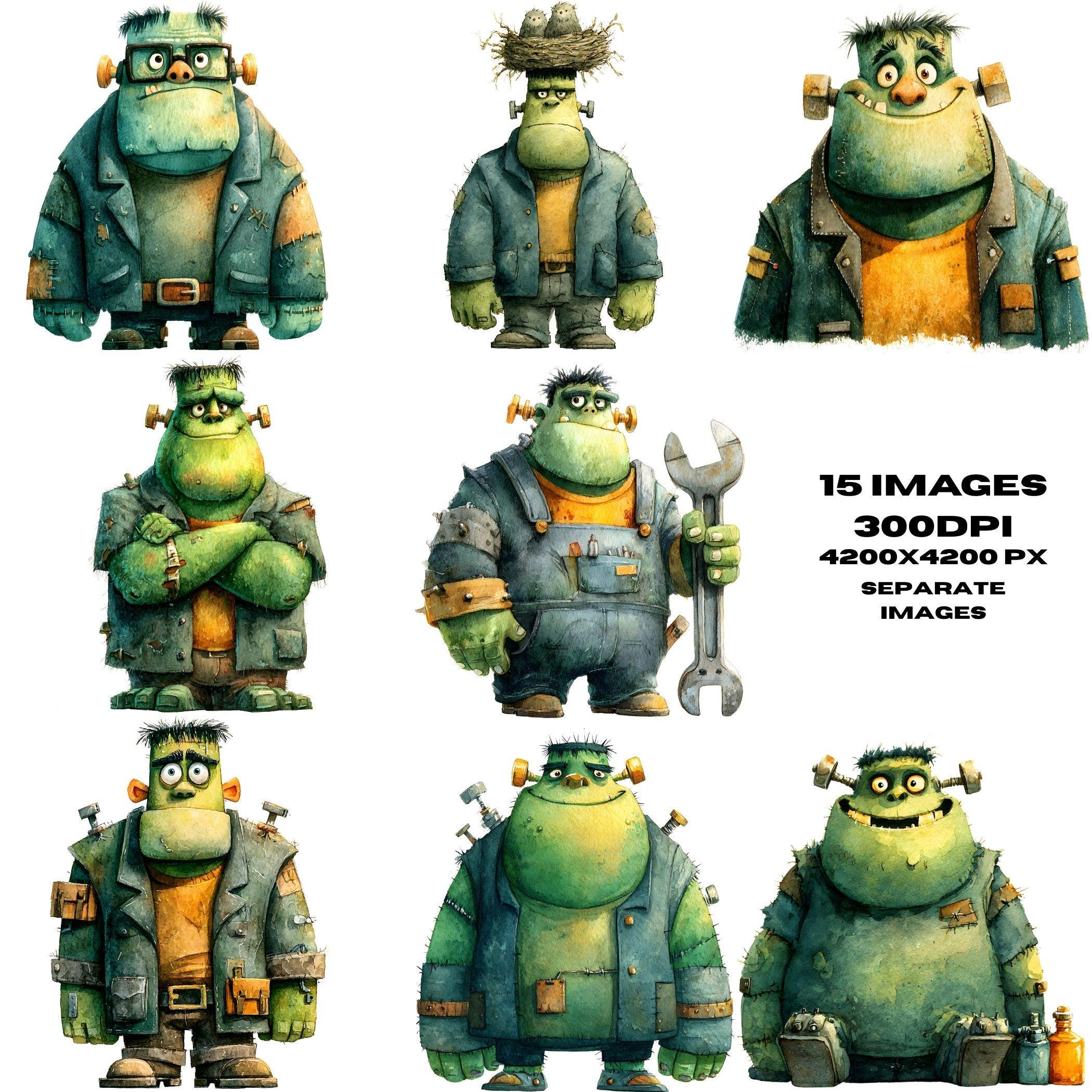 Frankenstein Monster Cute Clipart Bundle - Halloween Png Green Zombie ...