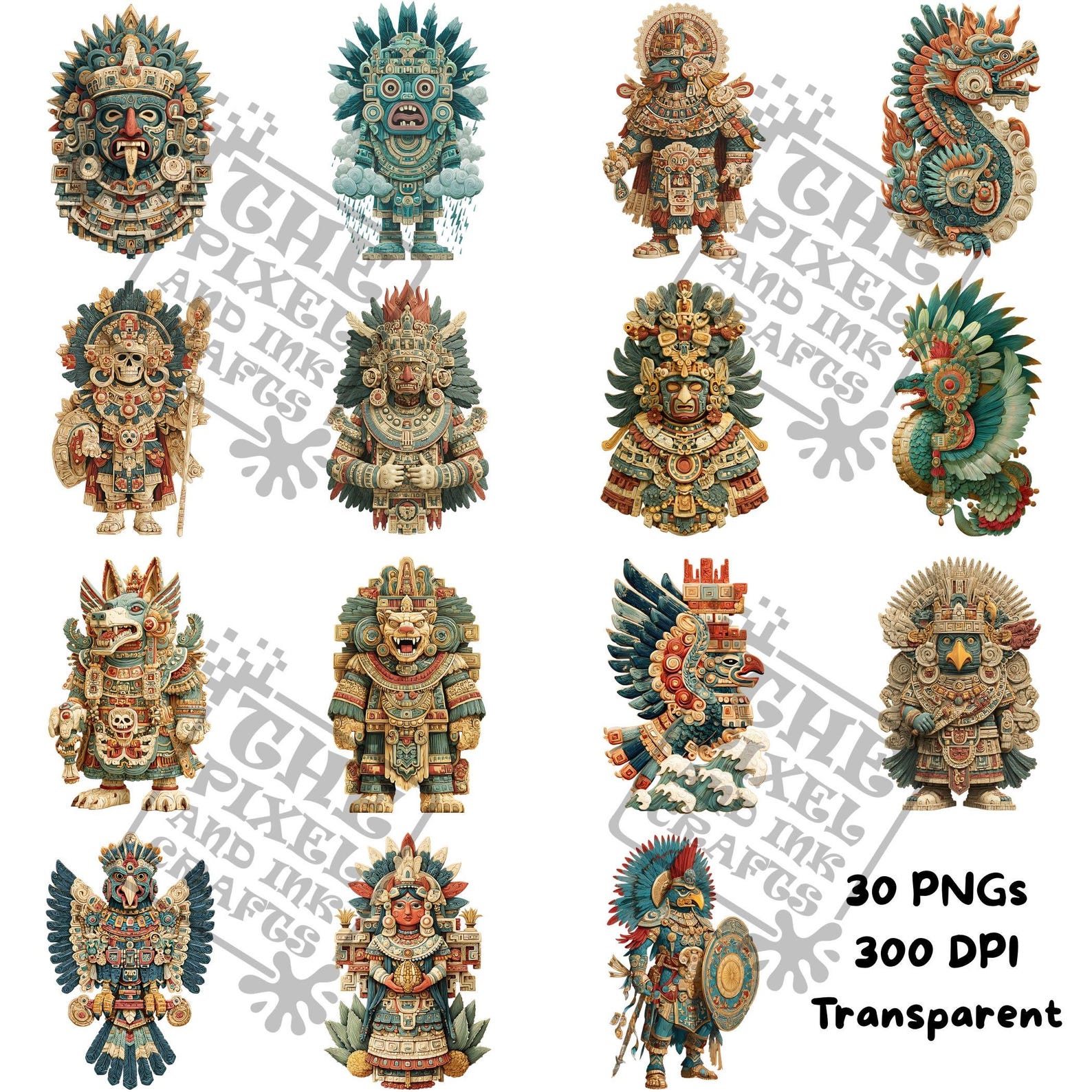 Aztec Gods PNG Bundle Quetzalcoatl Huitzilopochtli Tlaloc Xolotl Mayan ...