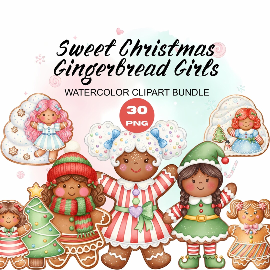 Watercolor Christmas Gingerbread Girl Clipart Bundle, Pink Festive ...