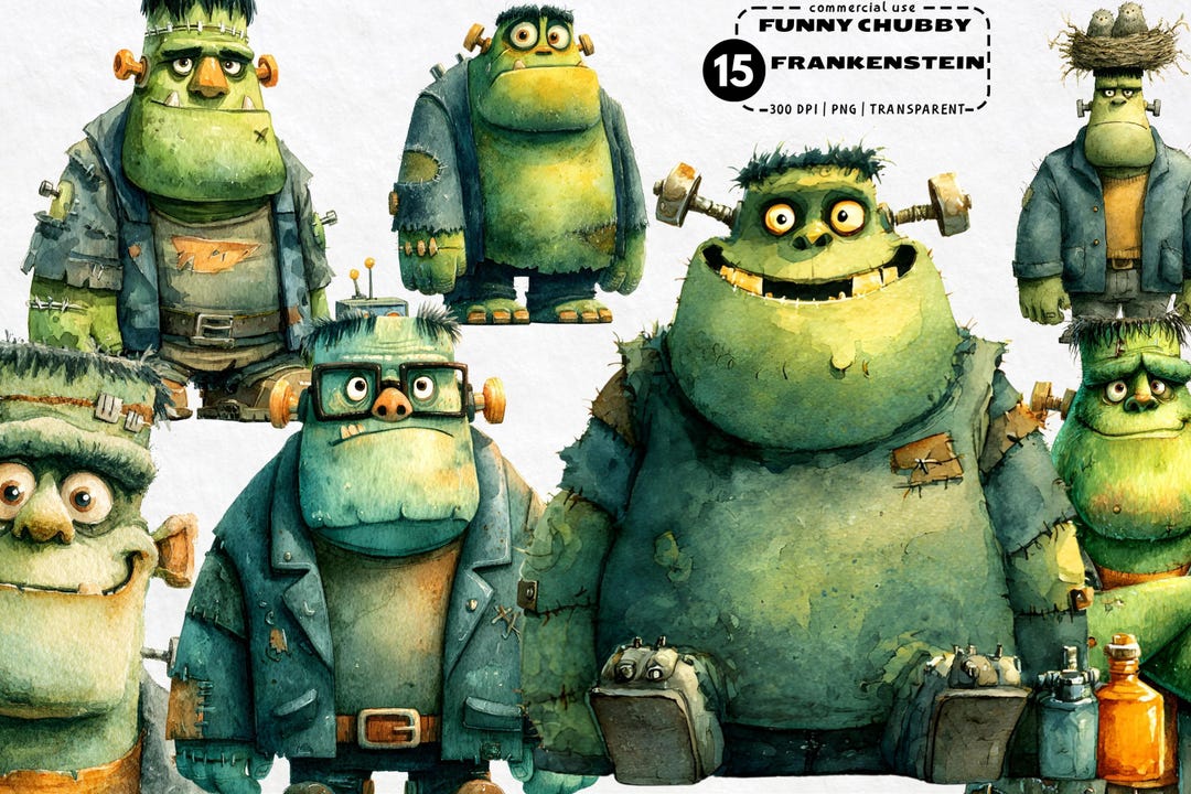 Frankenstein Monster Clipart Bundle – Watercolor Chubby Halloween ...