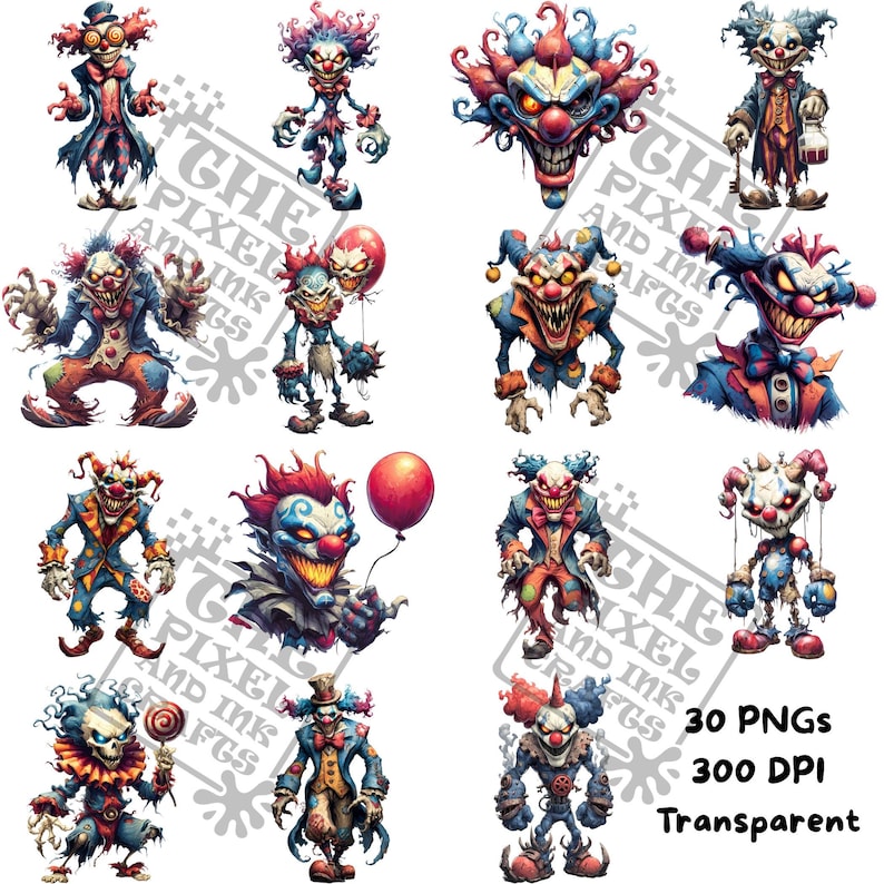 Quirky Creepy Clown PNG Bundle Horror Art Monster Clipart Sublimation ...