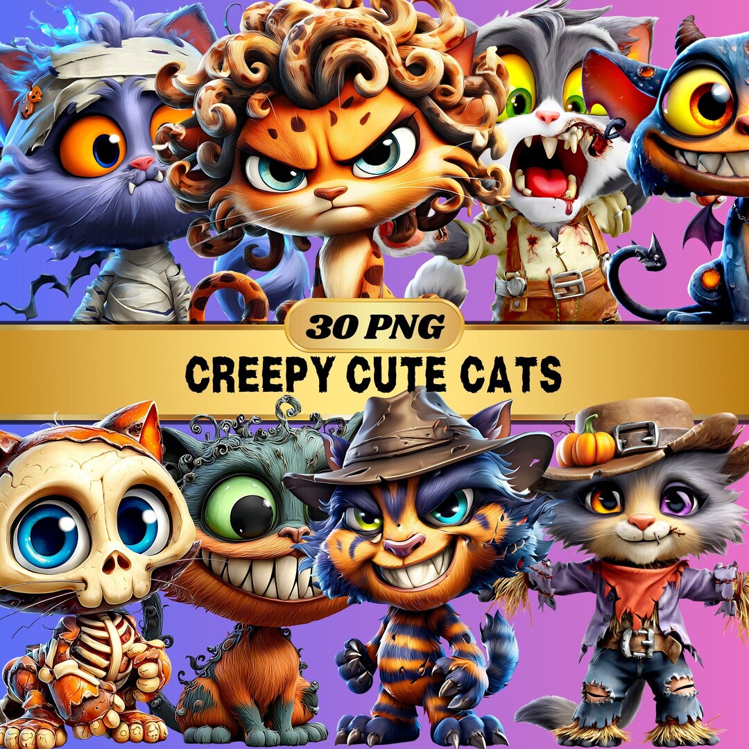 Creepy Cute Cat Clipart Bundle PNG | Kawaii Whimsical Monsters | Gothic ...