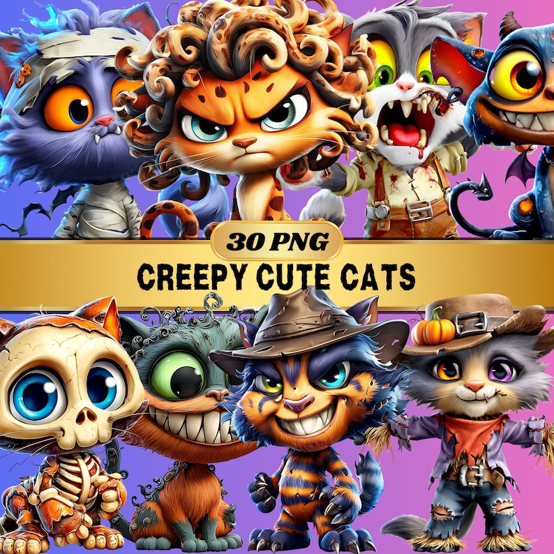 Creepy Cute Cat Clipart Bundle PNG | Kawaii Whimsical Monsters | Gothic ...