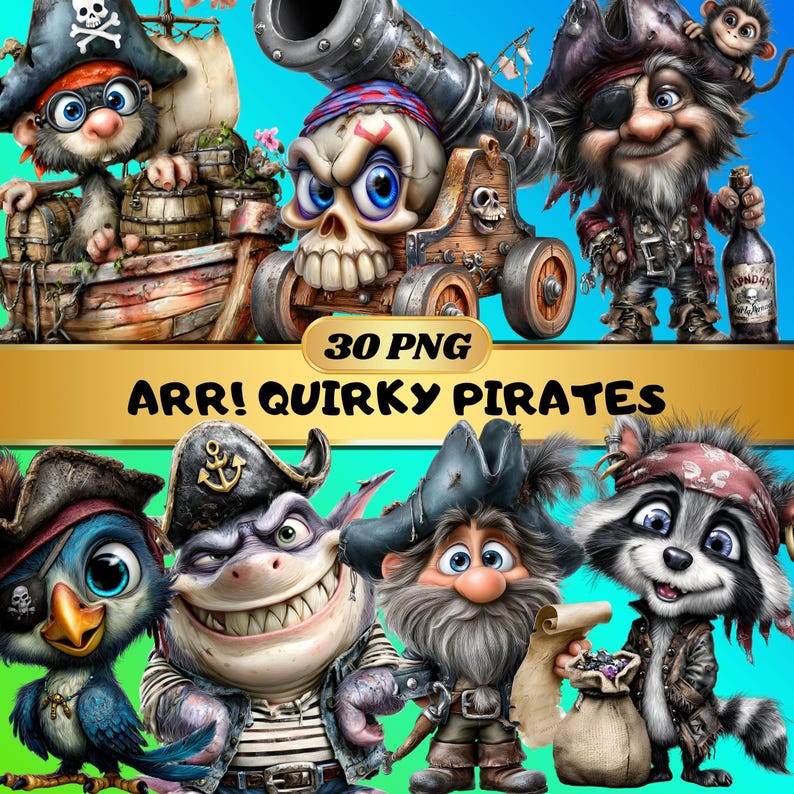 Pirate Clipart Bundle PNG | Funny Cartoon Buccaneer Characters ...