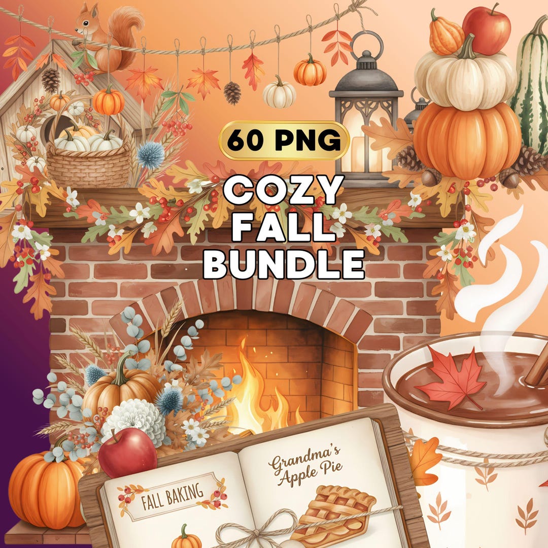 Cozy Fall PNG Bundle With Pumpkins Pie Lantern Leaves Florals Hay Mug ...