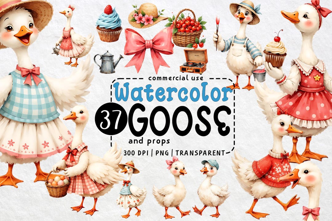 Watercolor Goose Clipart Bundle: Cottagecore Farm Animal PNG (digital ...