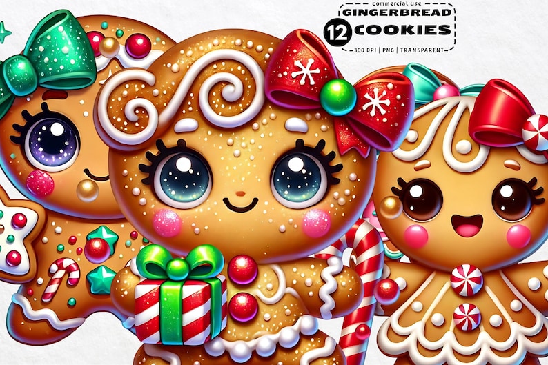 Christmas Gingerbread Girl Clipart Bundle PNG | Cute Holiday Cookie ...