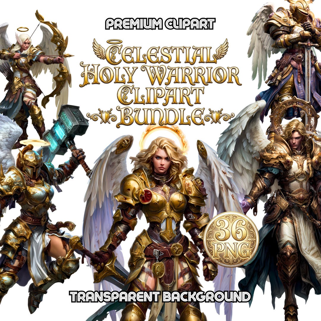 Celestial Holy Warrior Clipart Bundle | PNG Fantasy Knight | Golden ...