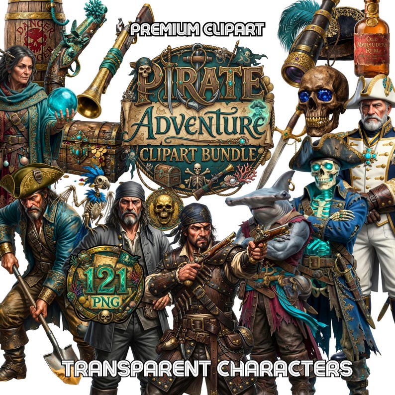 Pirate Adventure PNG Clipart Bundle | Nautical Treasure | Skeleton ...