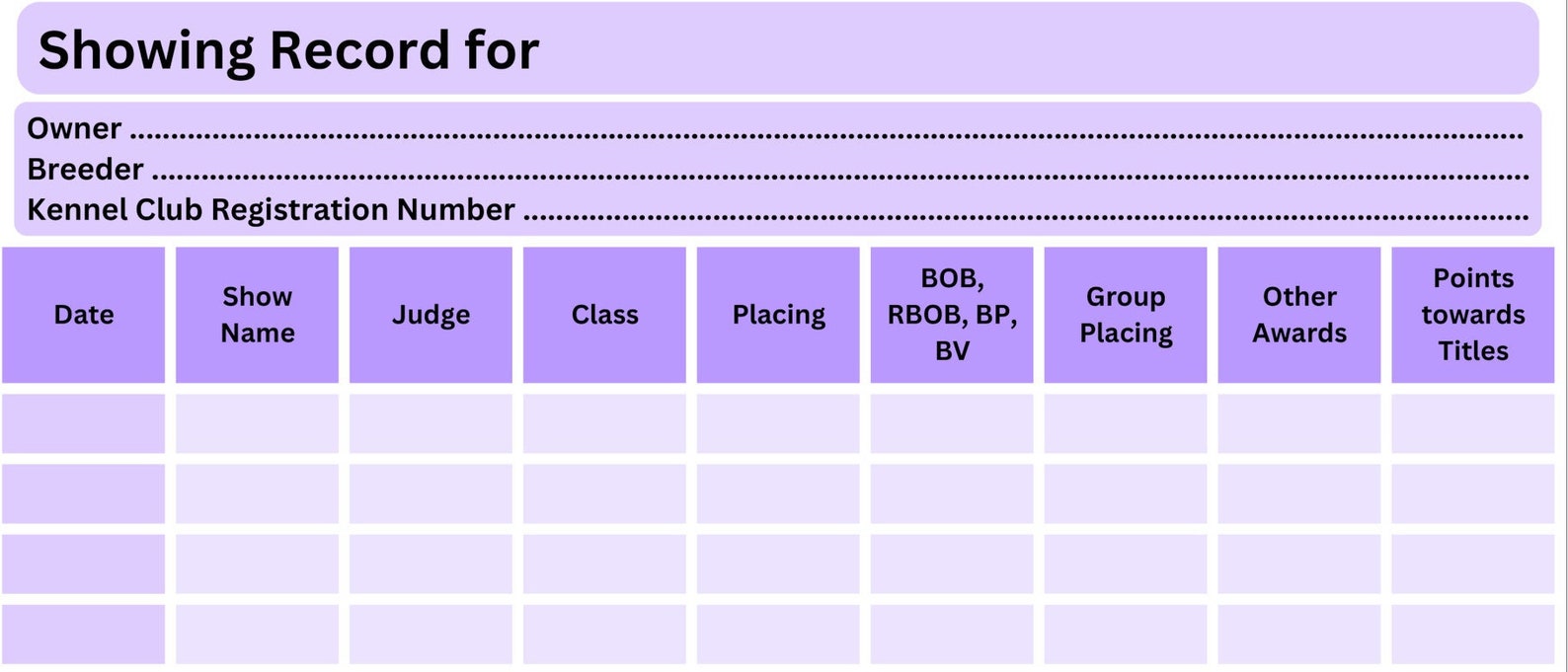 Dog Showing Record, Dog Shows, Dog Record, Dog Show Keepsake, Dog Show ...