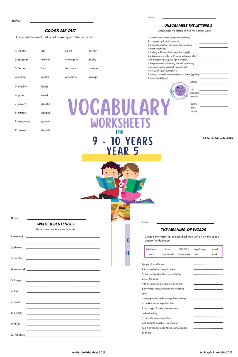 Year 5 Vocabulary Worksheets for 9-10 Year Olds (PDF Pattern) - Etsy