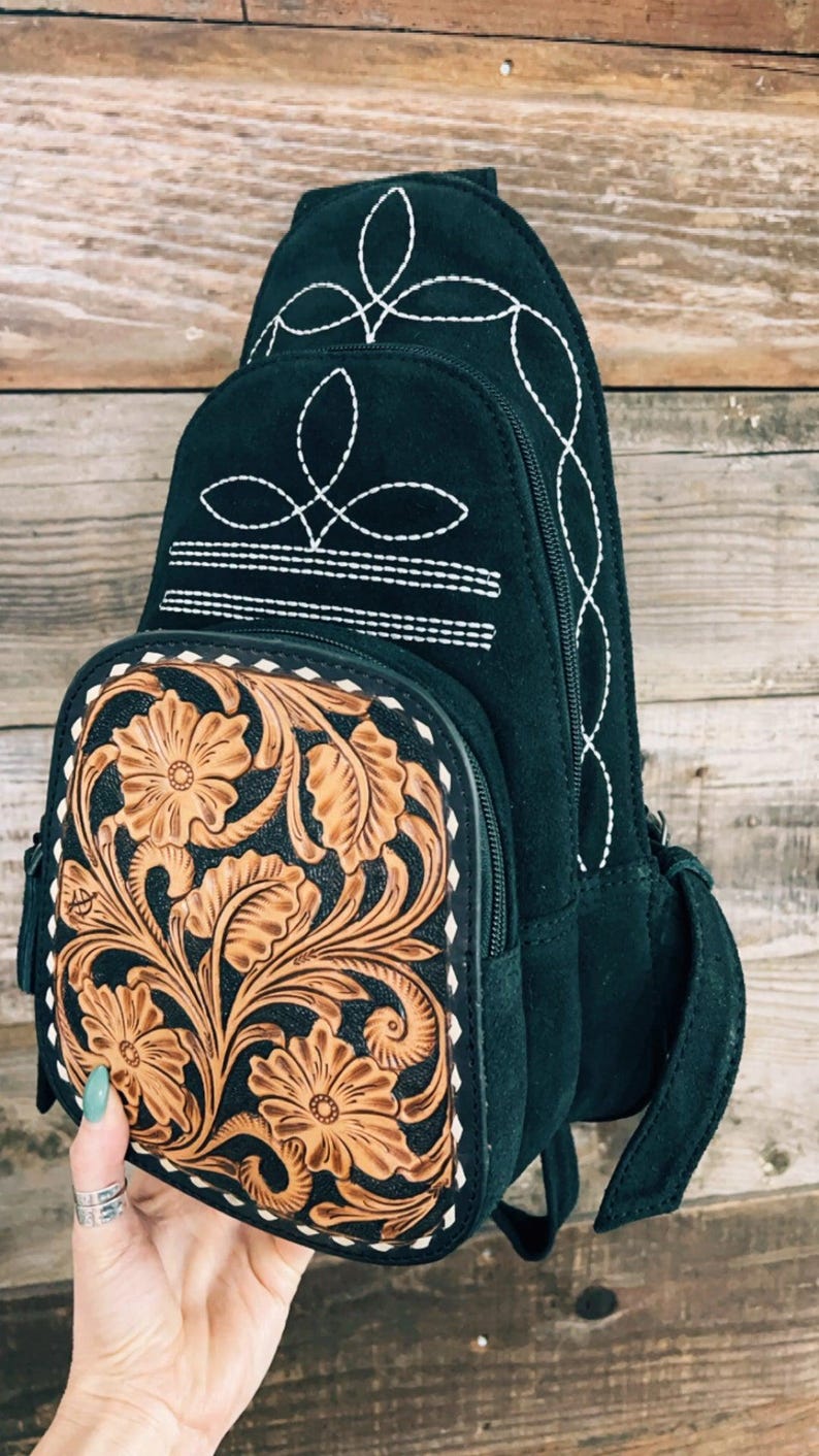 Black Suede Sling Backpack – Tooled Leather Floral, Buckstitch Western ...