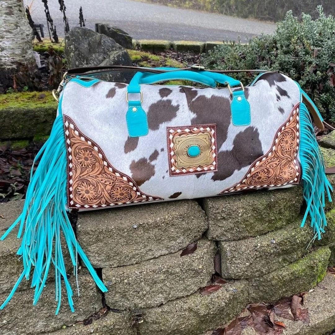 Concho Cowhide Duffel Bag Western Leather Duffel, Southwest Weekender ...