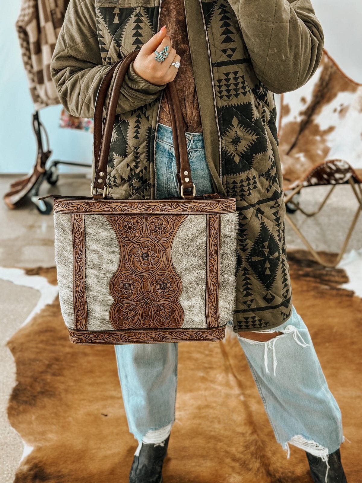 Western Tooled Leather Cowhide Tote Bag, Handcrafted Shoulder Bag - Etsy