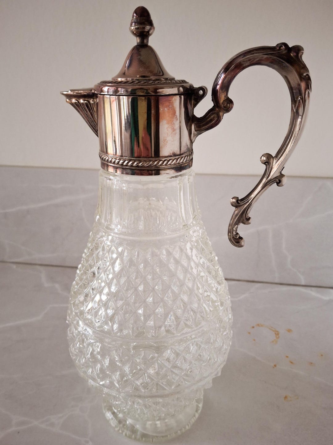 Vintage Diamond Cut Glass Pitcher With Silver Plating, Sheratonn Italy ...