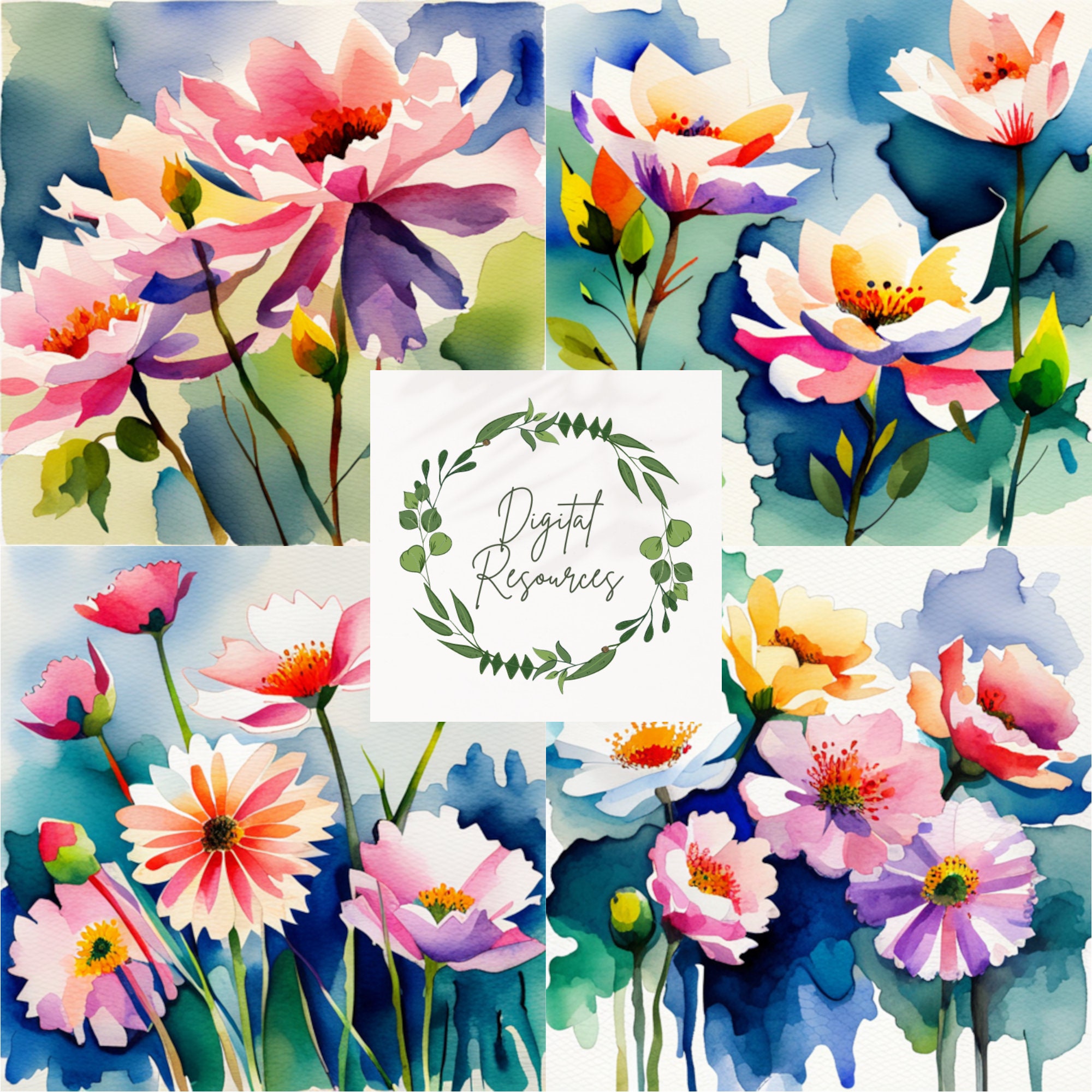 4 Beautiful Watercolor Flower, Paintings, for POD Use,3600x3600 Png ...