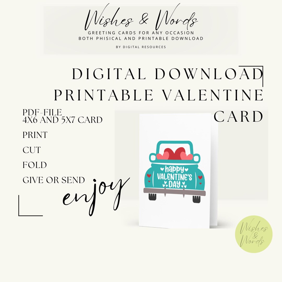 Printable Valentine Card Happy Valentines Truck Greeting Card Digital ...