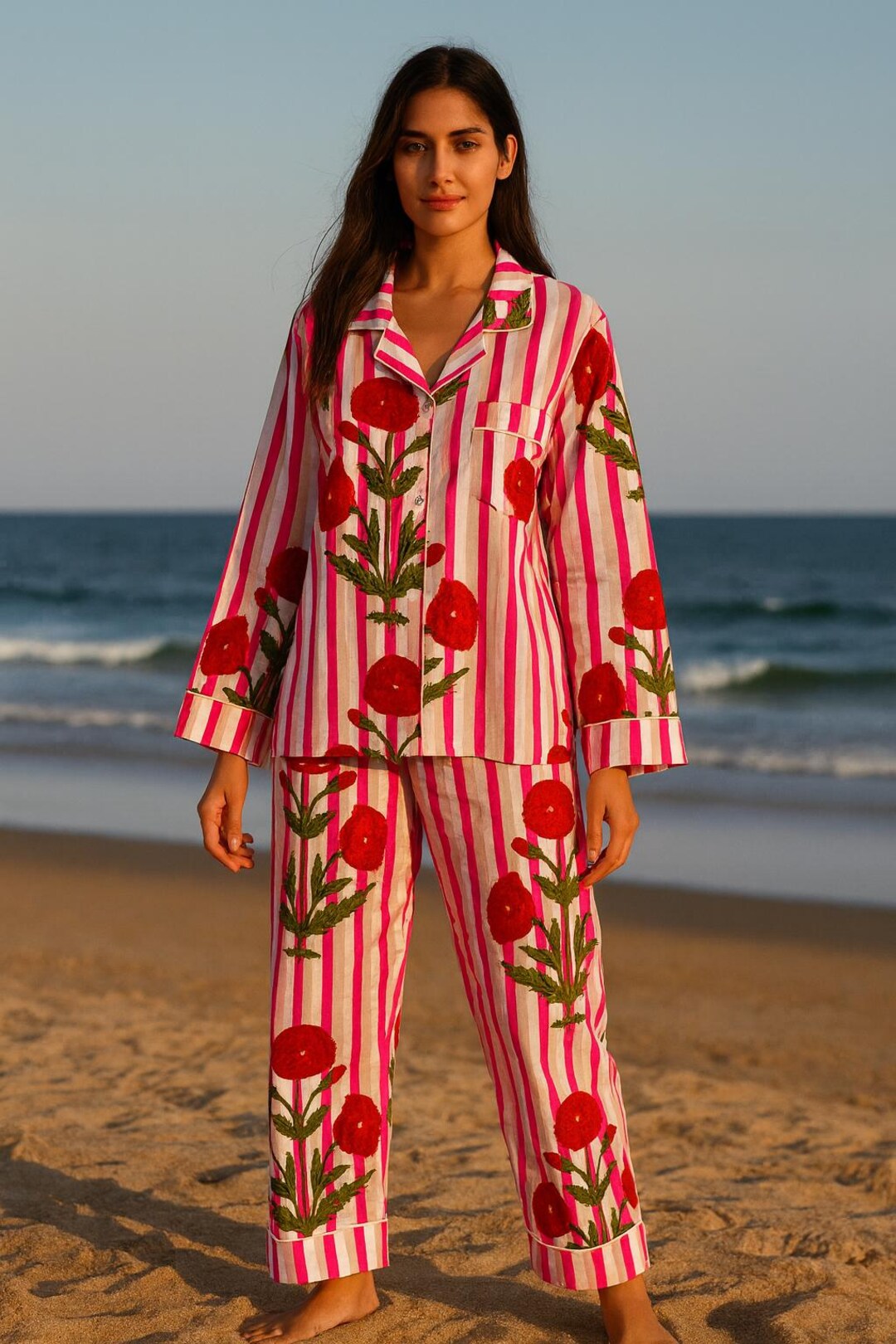 Handmade Cotton Pajama Set: Pink Floral Striped Sleepwear - Etsy