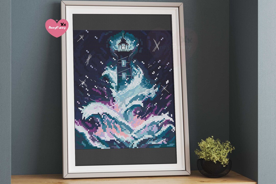Lighthouse in Storm Cross Stitch Pattern: Wavy Seascape (PDF) - Etsy
