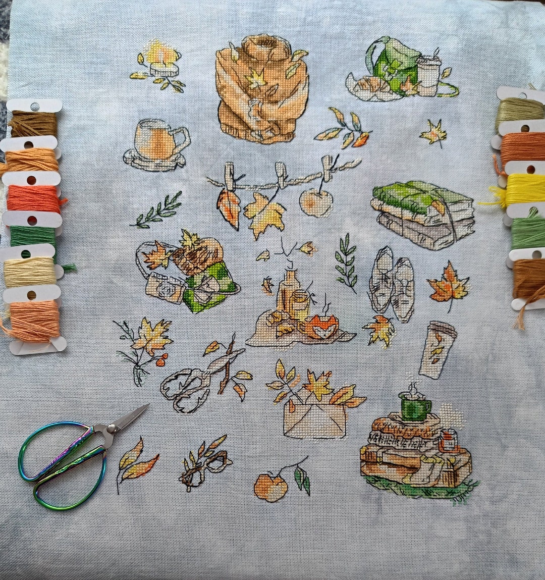 Cozy Fall Autumn Symbols Sampler Cross Stitch Pattern Design Crafting ...