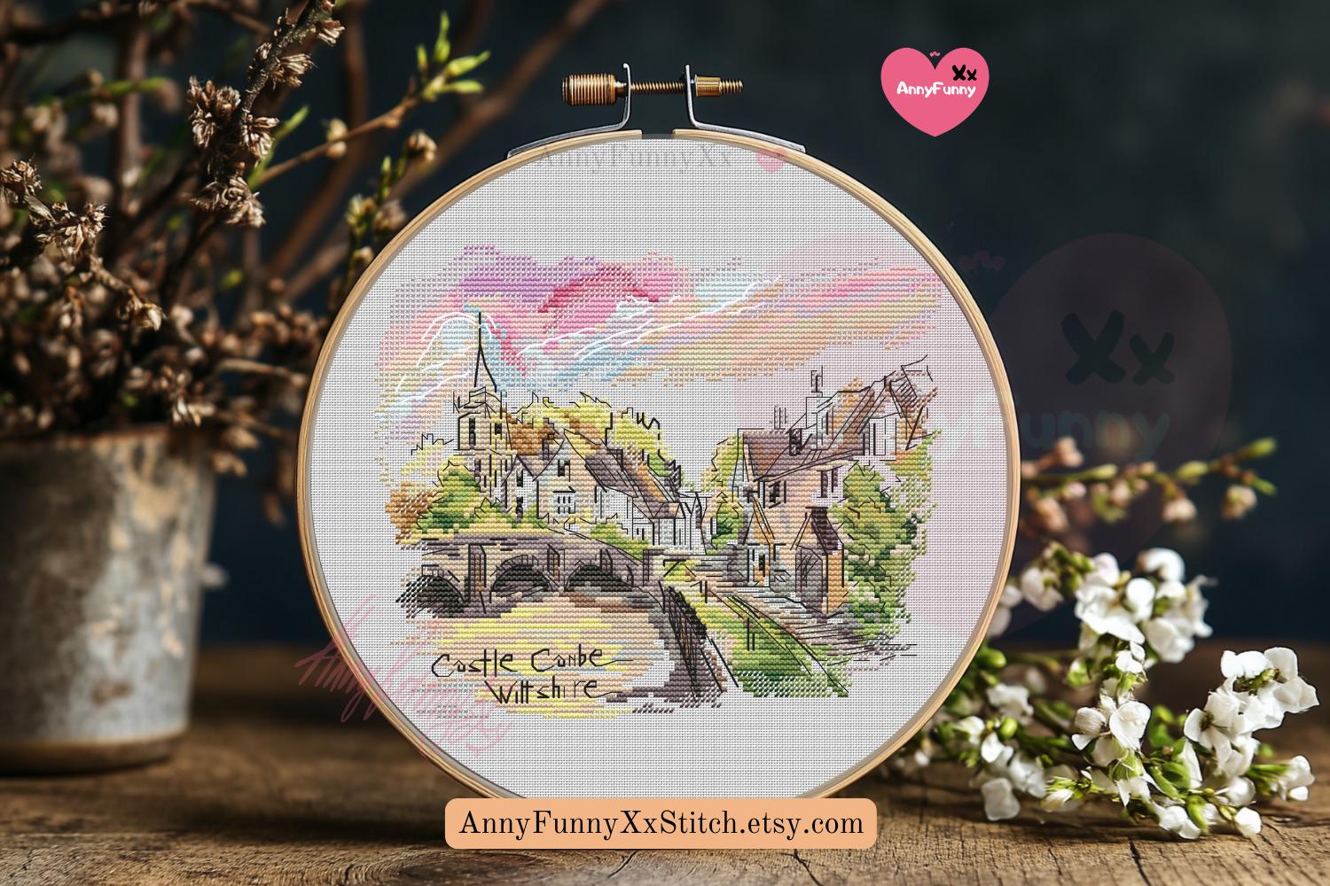 Handmade Cross Stitch Pattern History Castle Combe Wiltshire Village ...