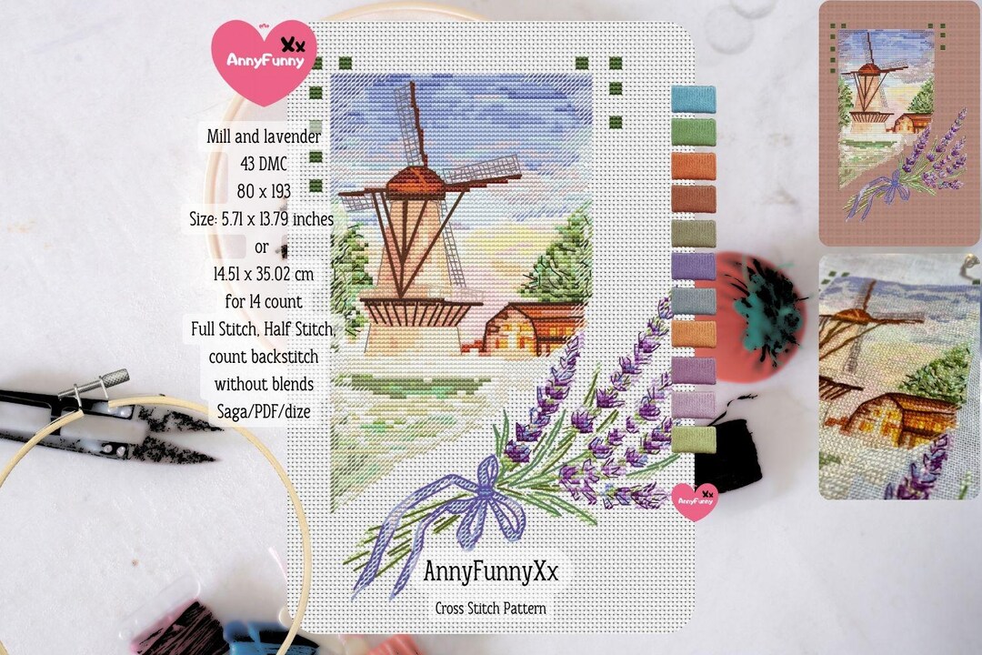 Lavender Field Windmill Cross Stitch Pattern: Provence Landscape (PDF ...
