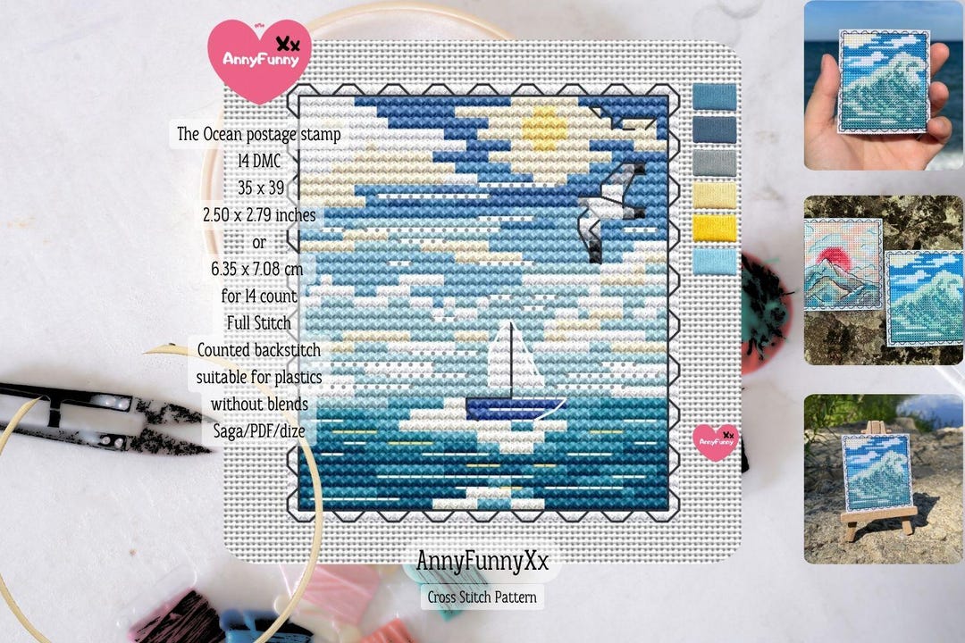 Ocean Wave Cross Stitch Pattern Nautical Landscape Seascape Blue Ocean ...