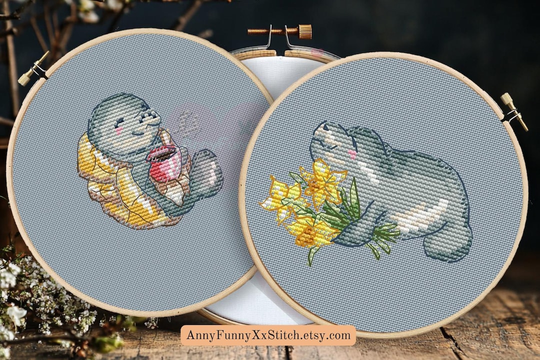 Set of 2 Manatee Cross Stitch Pattern PDF Embroidery Design for Beginner DIY Needlework Chart ...