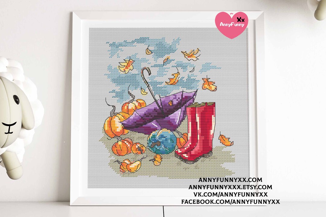 Cozy Fall Cross Stitch Pattern Pdf Umbrella Pumpkins DIY Crafting ...