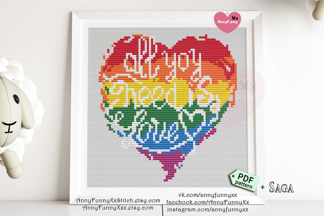 Rainbow LGBT Flag Cross Stitch Pattern PDF, Watercolor Heart Xstitch ...