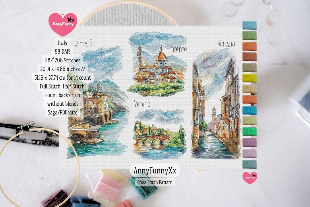 Italy Cross Stitch Pattern Set: Amalfi, Verona, Venezia, Florence ...