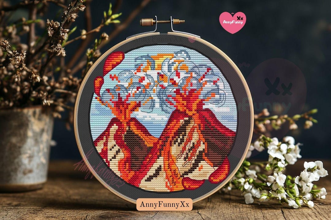Erupting Volcano Cross Stitch Pattern: Lava Mountain Needlepoint (PDF ...