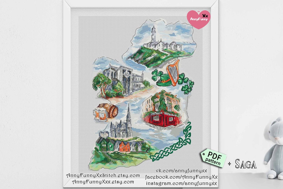 Ireland Map Cross Stitch Pattern: Celtic Shamrock, Emerald Isle (PDF ...