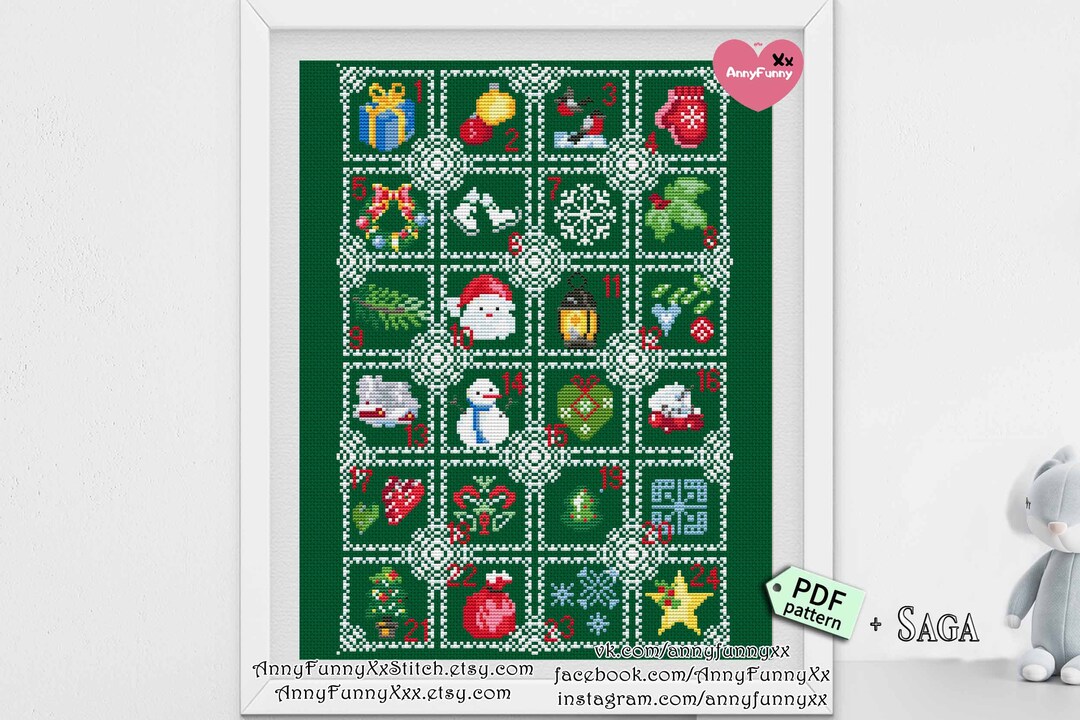 Merry Christmas Advent Calendar Cross Stitch Pattern PDF Winter Advent ...