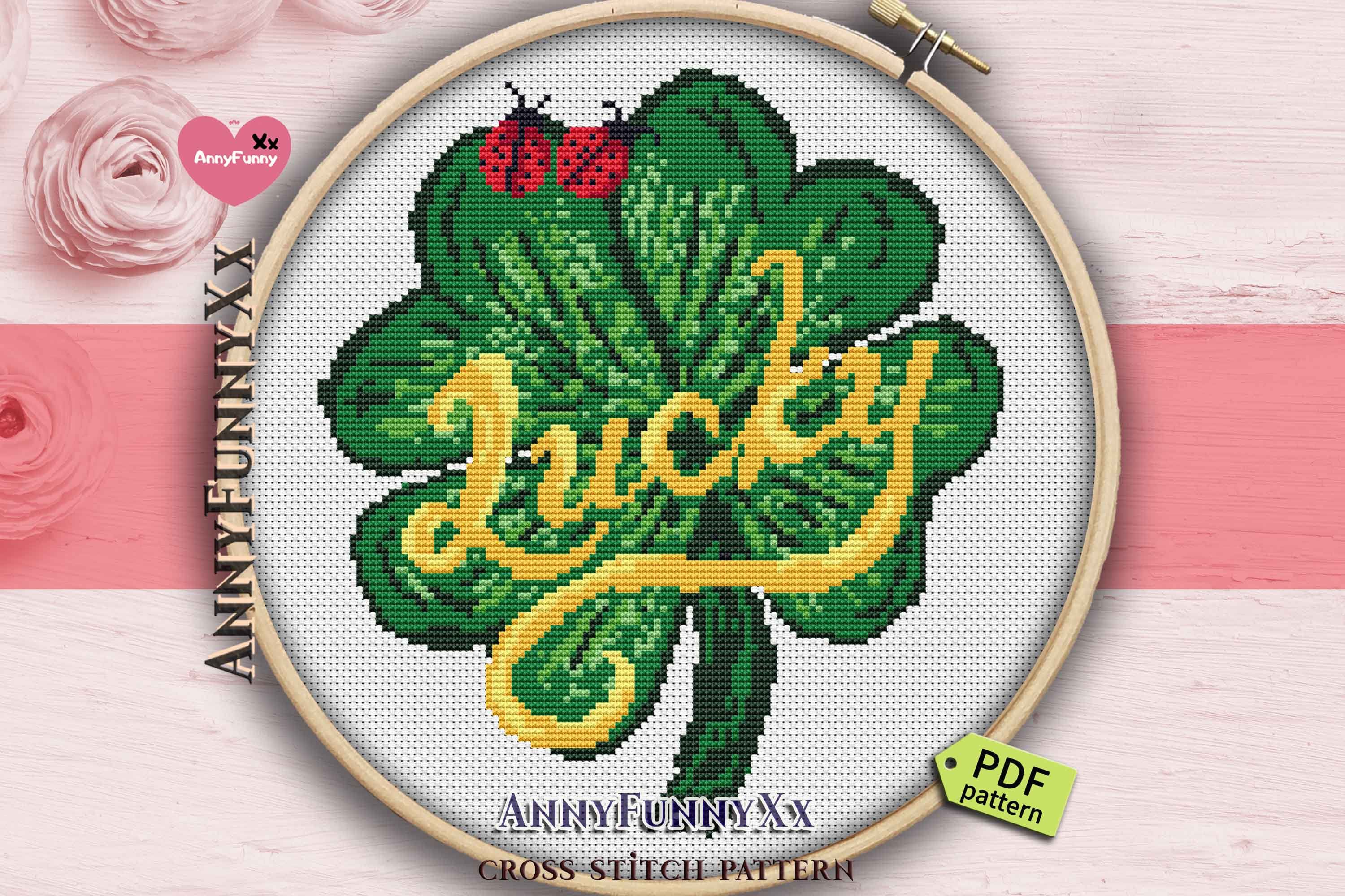 Four Leaf Clover Cross Stitch Pattern: Lucky Shamrock, Ladybug (PDF ...
