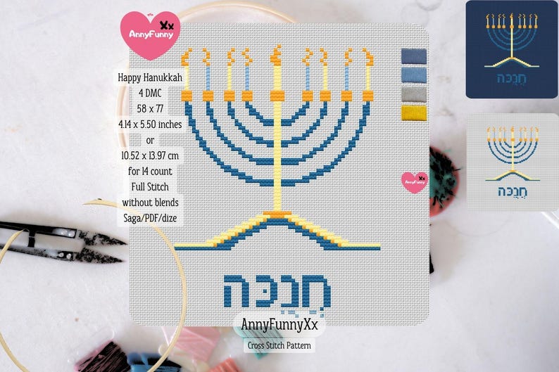 Hanukkah Menorah Cross Stitch Pattern, Jewish Holiday (PDF) - Etsy