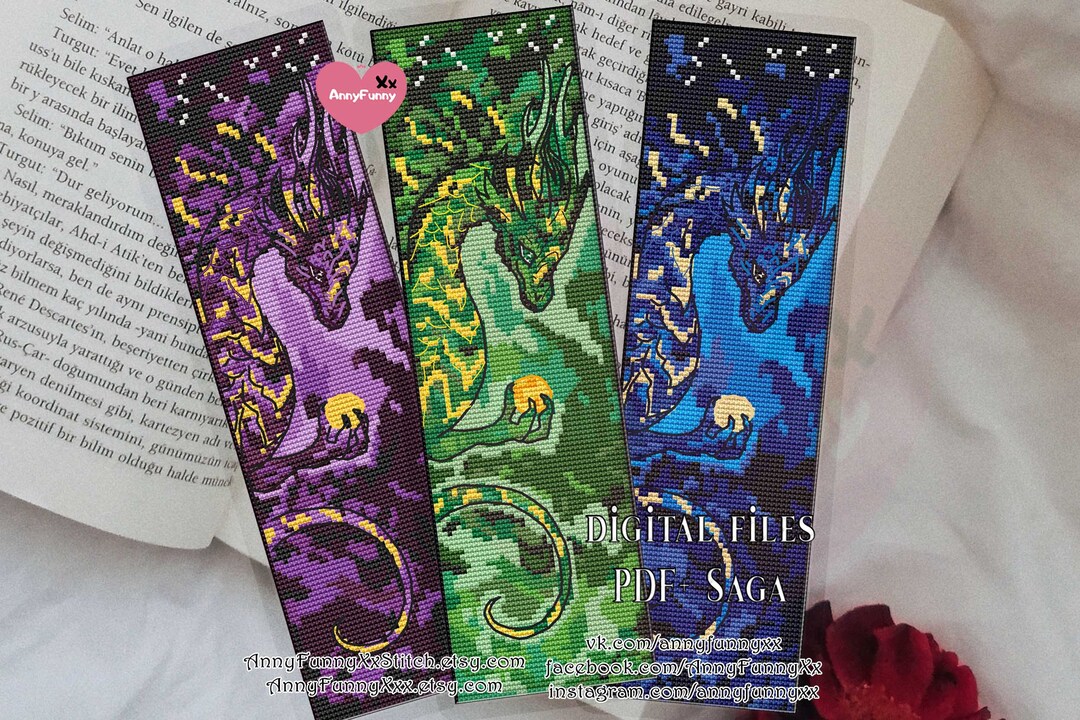 Set of 3 Dragons Bookmark Cross Stitch Pattern Dungeon Magic Design ...