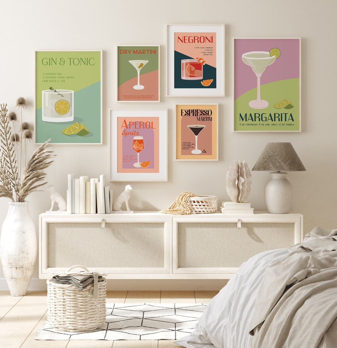 Set of 6 Cocktail Prints, Living Room Wall Art, Colorful Cocktail Print ...