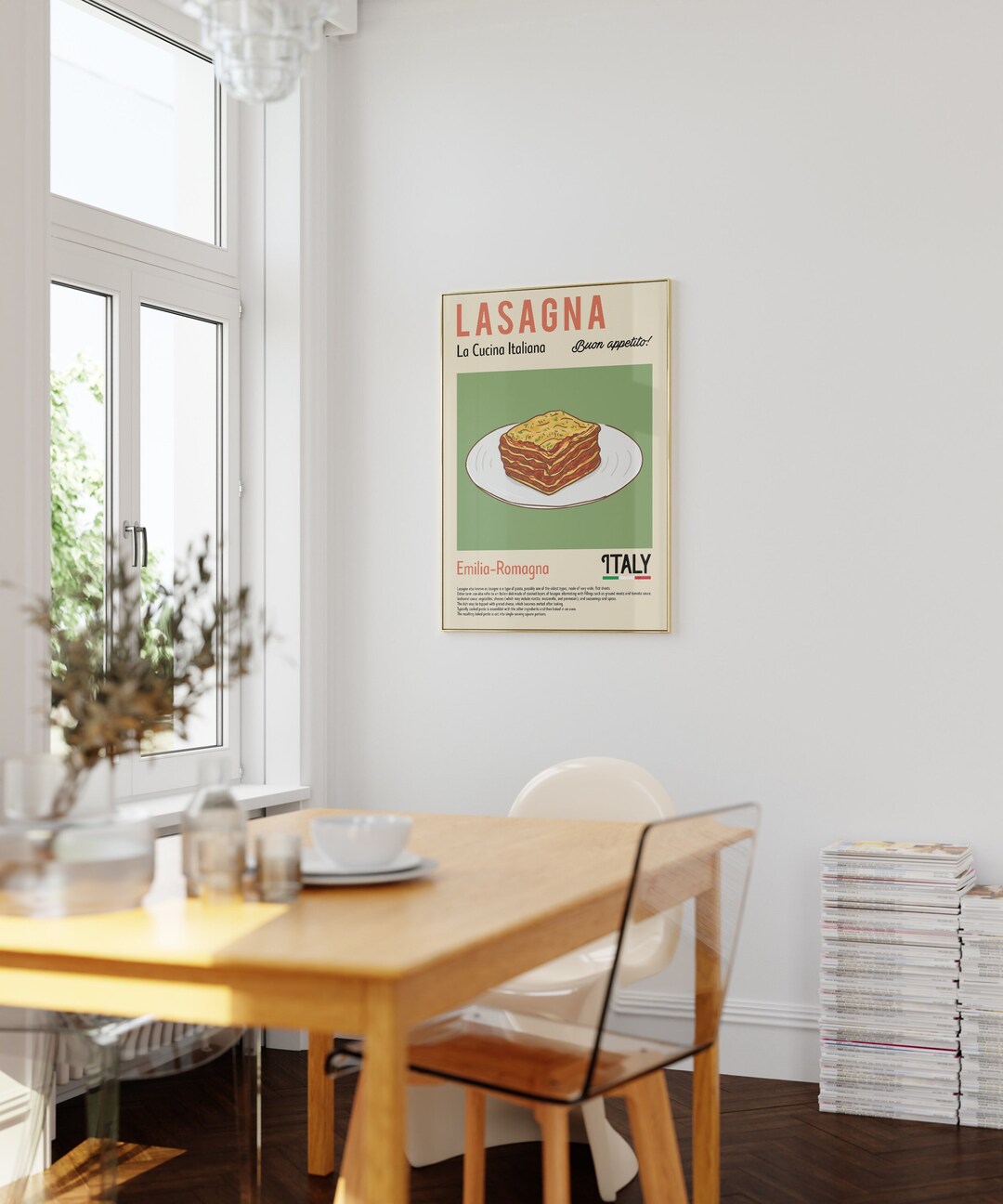 Green Lasagna Print, Kitchen Decor Food Art Mid Century Modern Rome ...