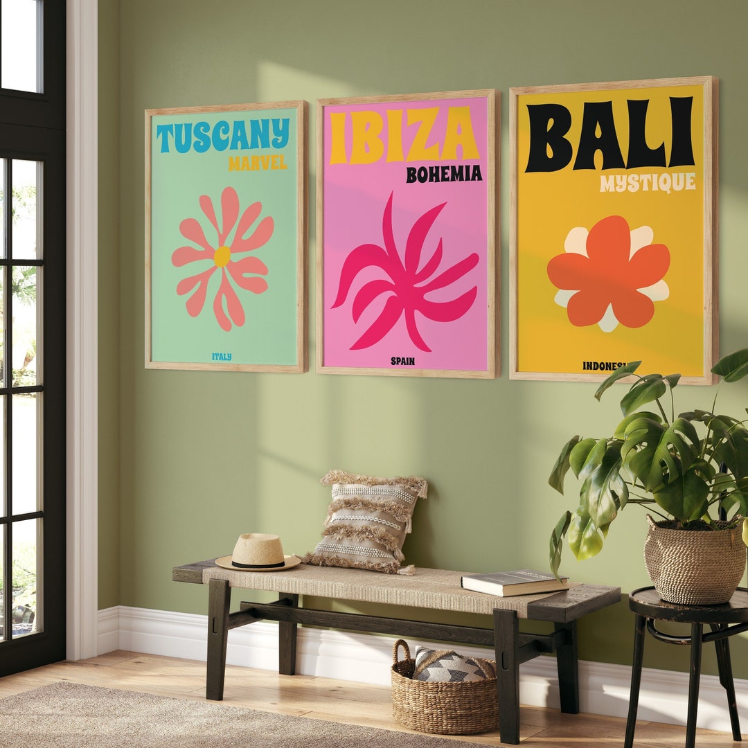 Set of 3 Travel Famous Places Prints, Ibiza Bali Tuscony, Palm Beach ...