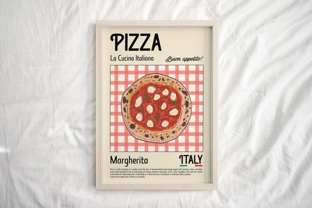 Pizza Margherita Print, Retro Kitchen Decor, Food Art, Mid Century ...