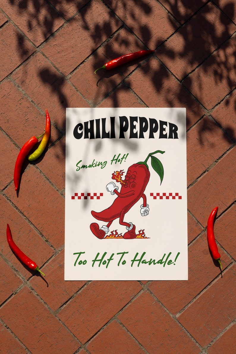 Chili Pepper Poster, Red Wall Art, Too Hot to Handle Print, Diner Decor ...
