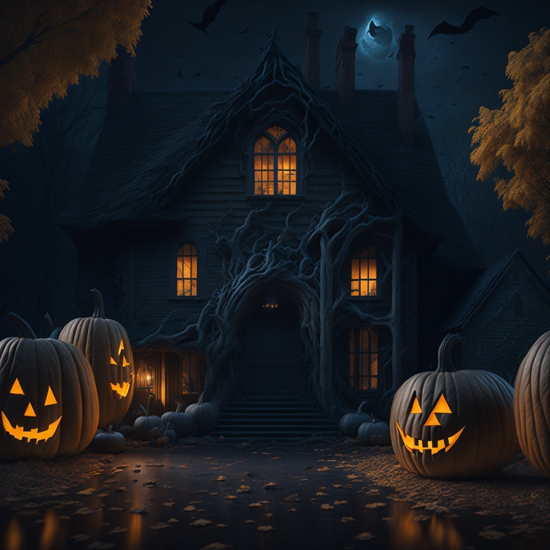Menacing Halloween Backdrop: Shrouded House & Watching - Etsy