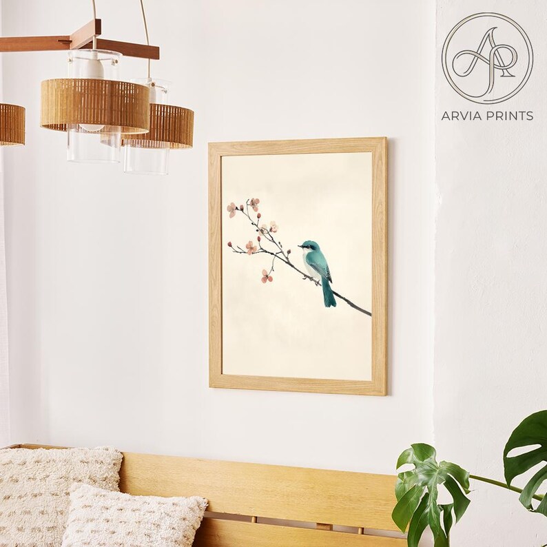 Minimal Vintage Printable Songbird Art - Japanese Ink Wash Style, Teal ...