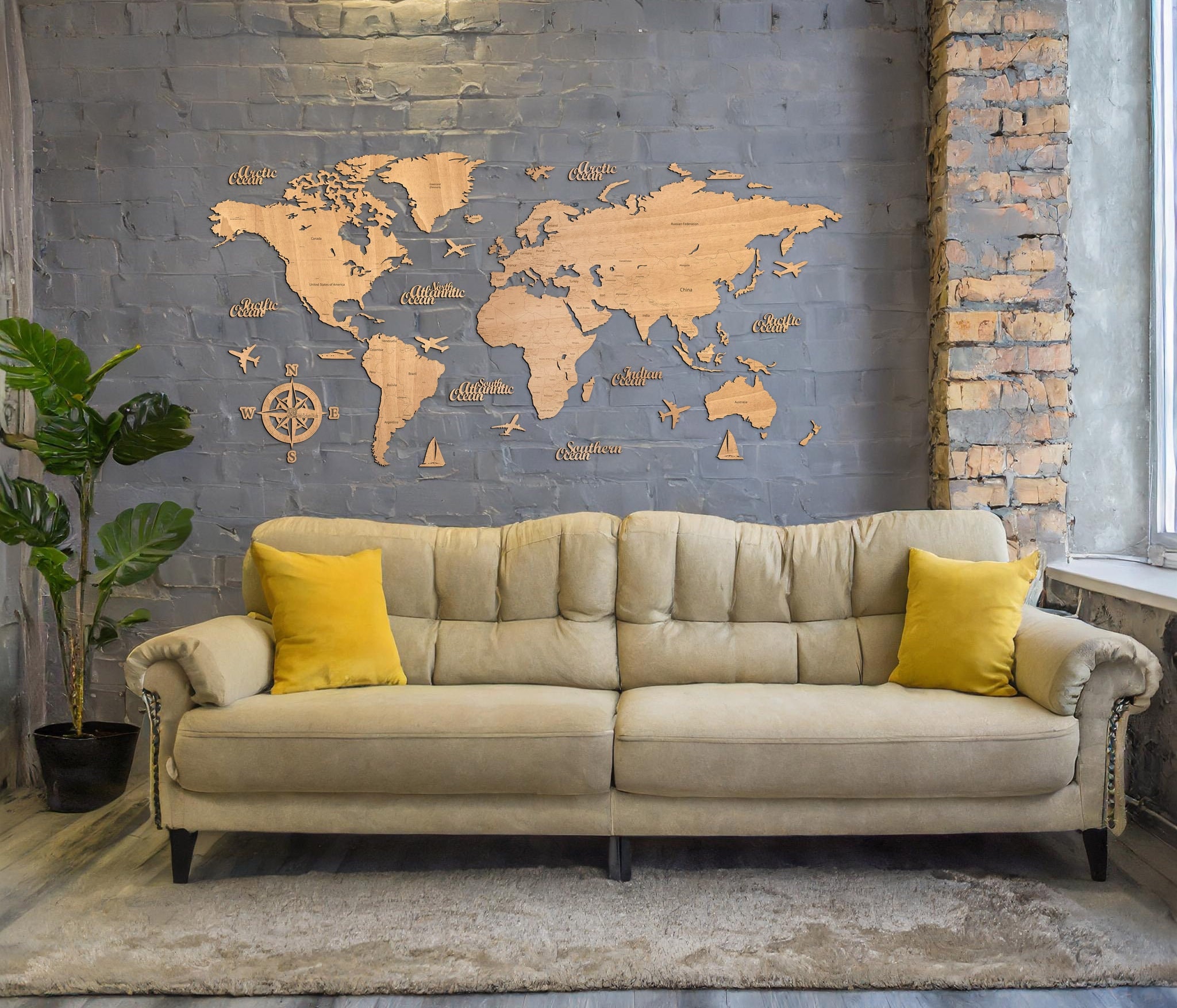 Wooden World Map Wall Decor, Stained in Teak Color - Etsy