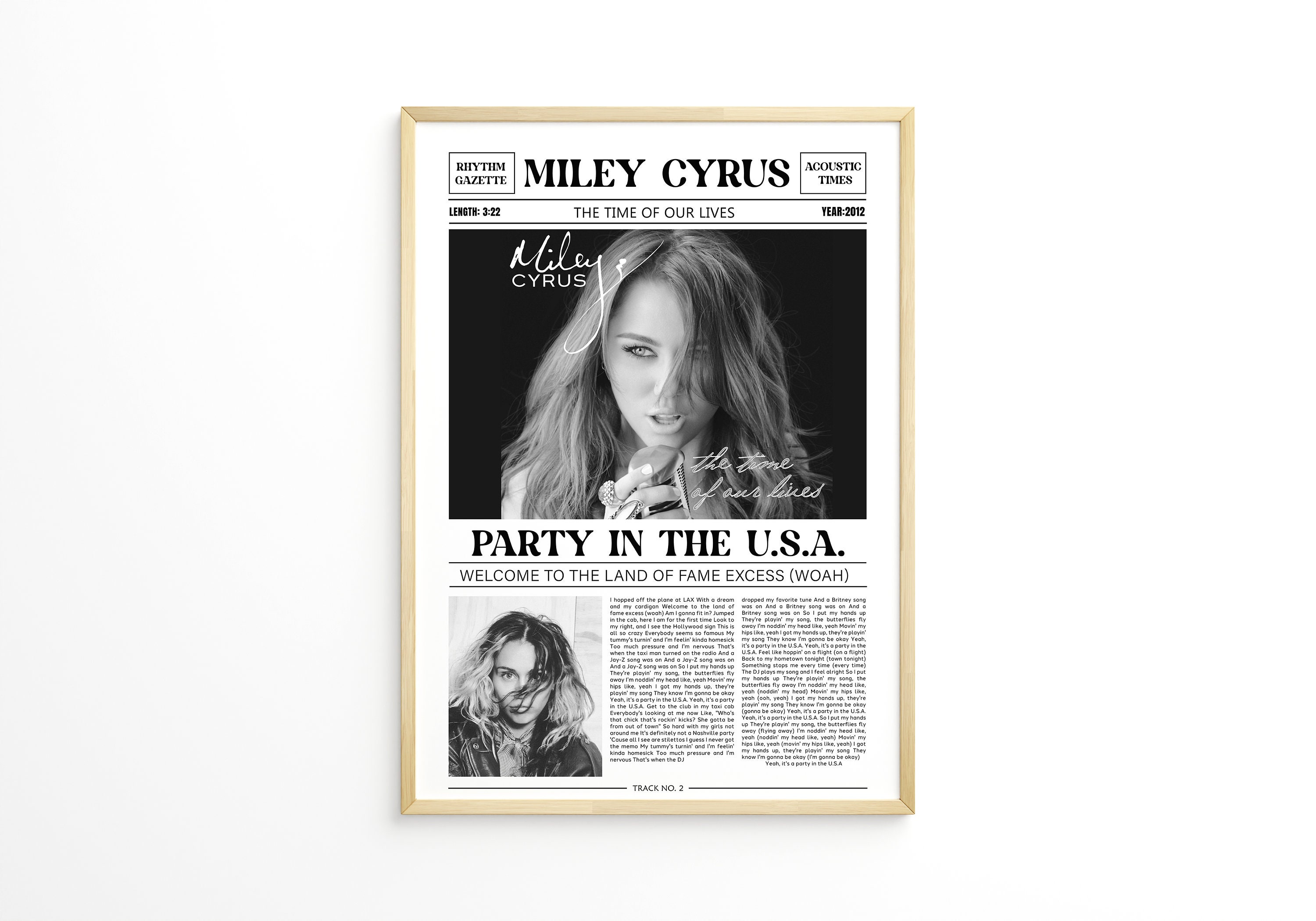 Miley Cyrus Retro Newspaper Print / Party in the U.S.A. Poster / Lyrics ...